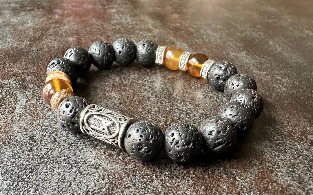 Lava Bracelet With Runes, Viking Bracelet, Victory, Norse Jewelry, Mens ...
