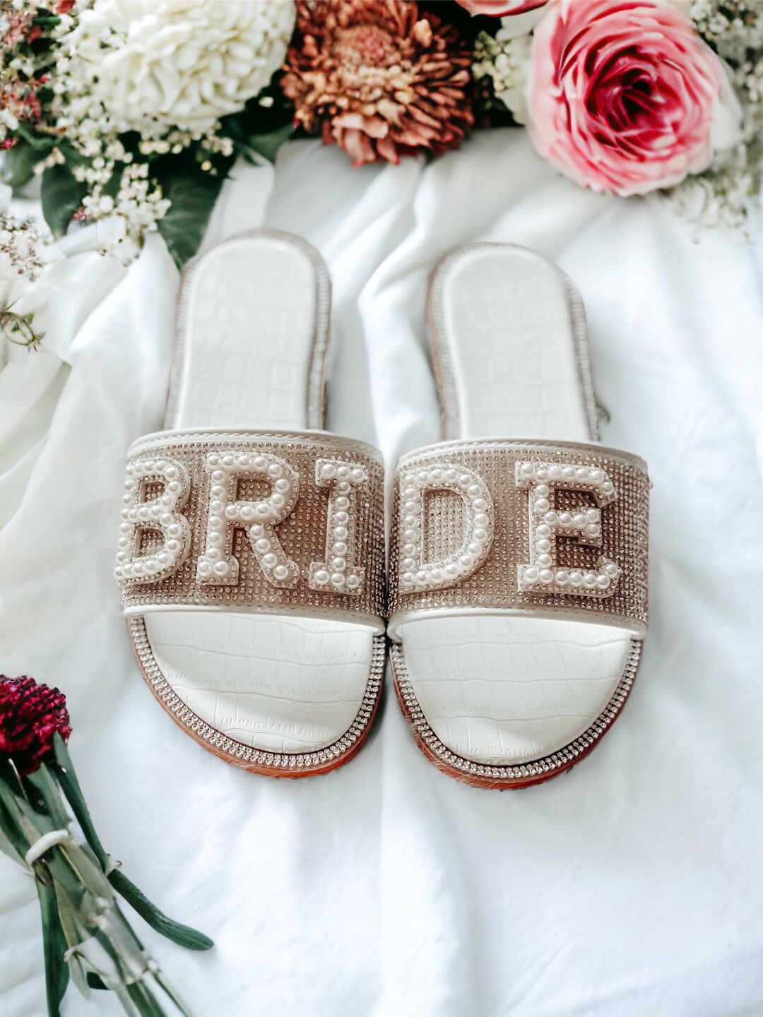 White Bride Pearl Rhinestone Slide Sandals Bridal Gifts Wedding - Etsy