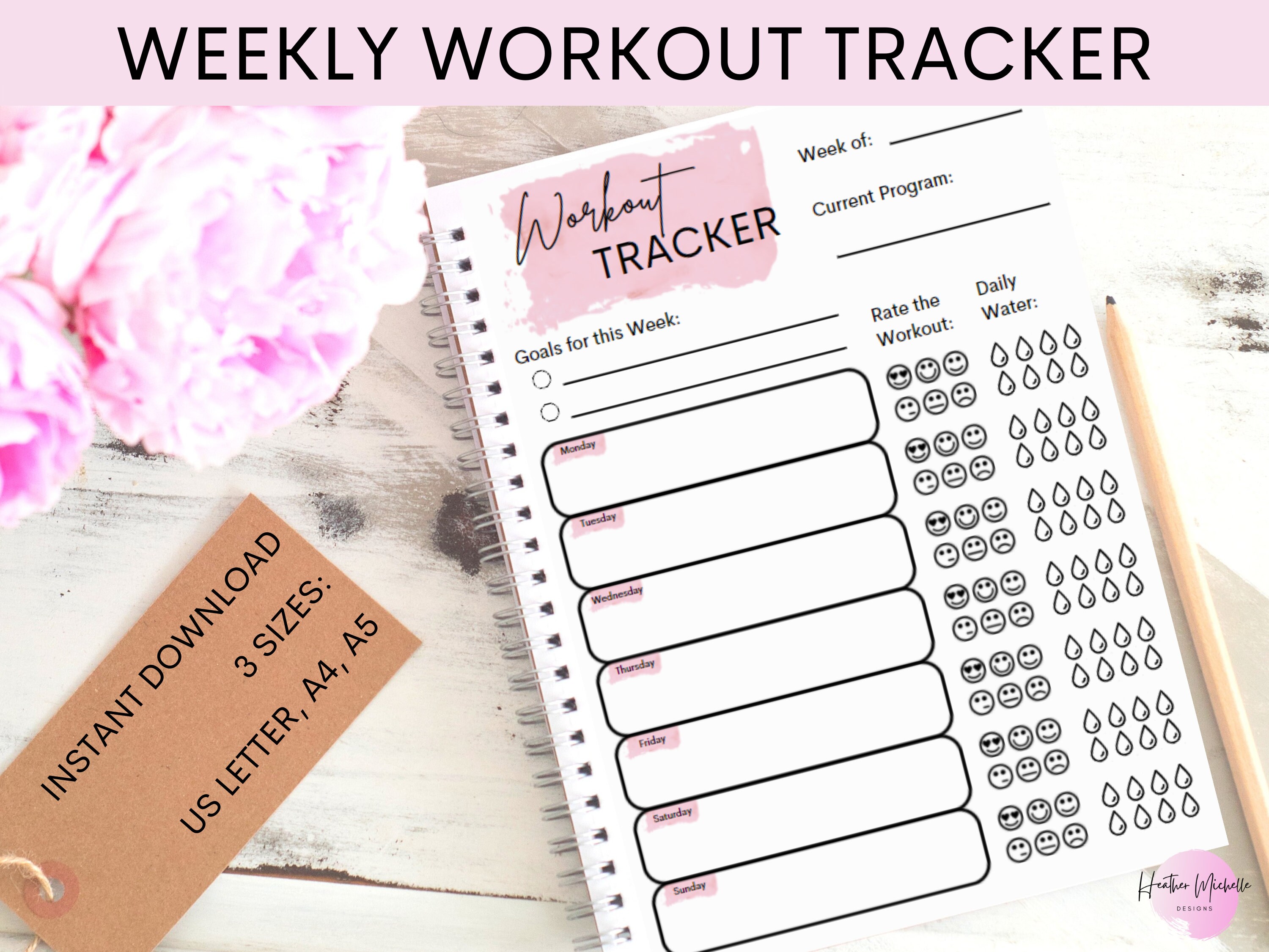 Weekly Fitness Workout Tracker | Printable PDF in Pink | Available in ...