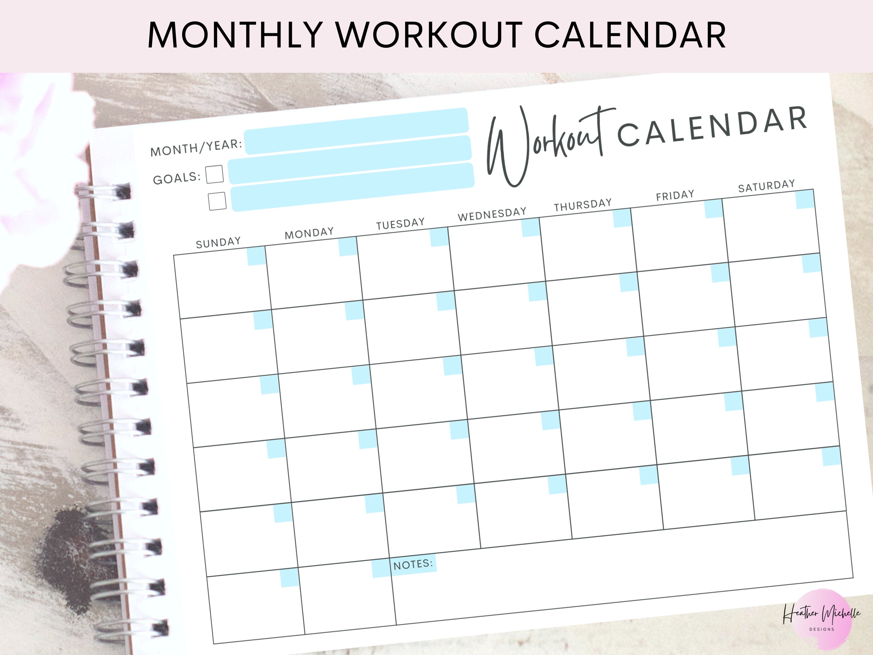 Monthly Workout Calendar Fitness Planner Blue, Pink, and Gray printable ...