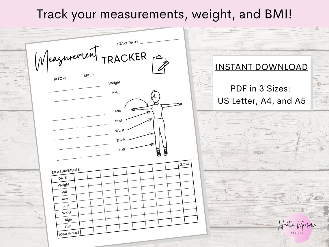 Body Measurement Tracker Printable Weight Loss Chart BMI Weekly Weigh ...