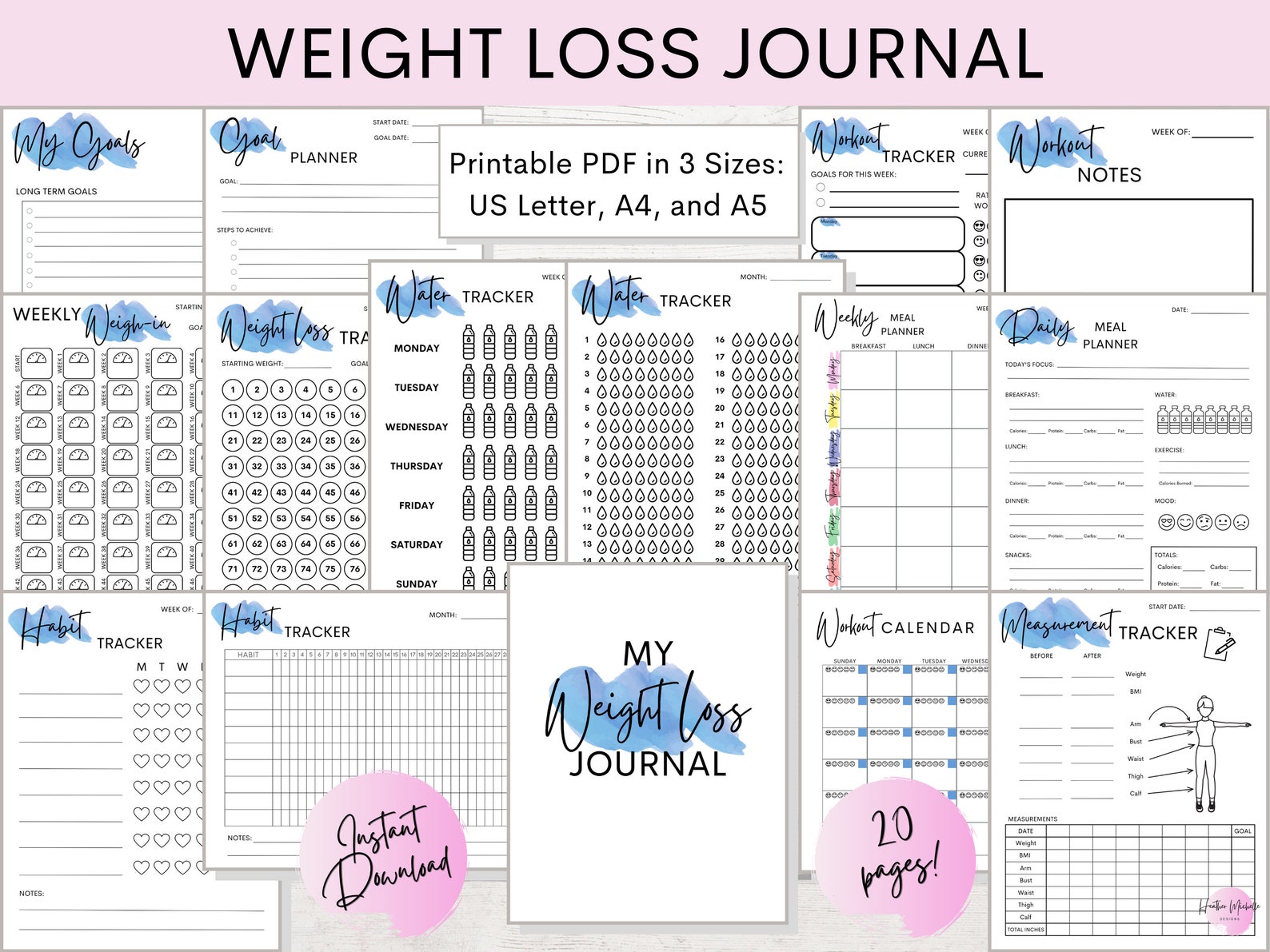 Weight Loss Journal Fitness Planner Printable PDF in Blue Available in ...