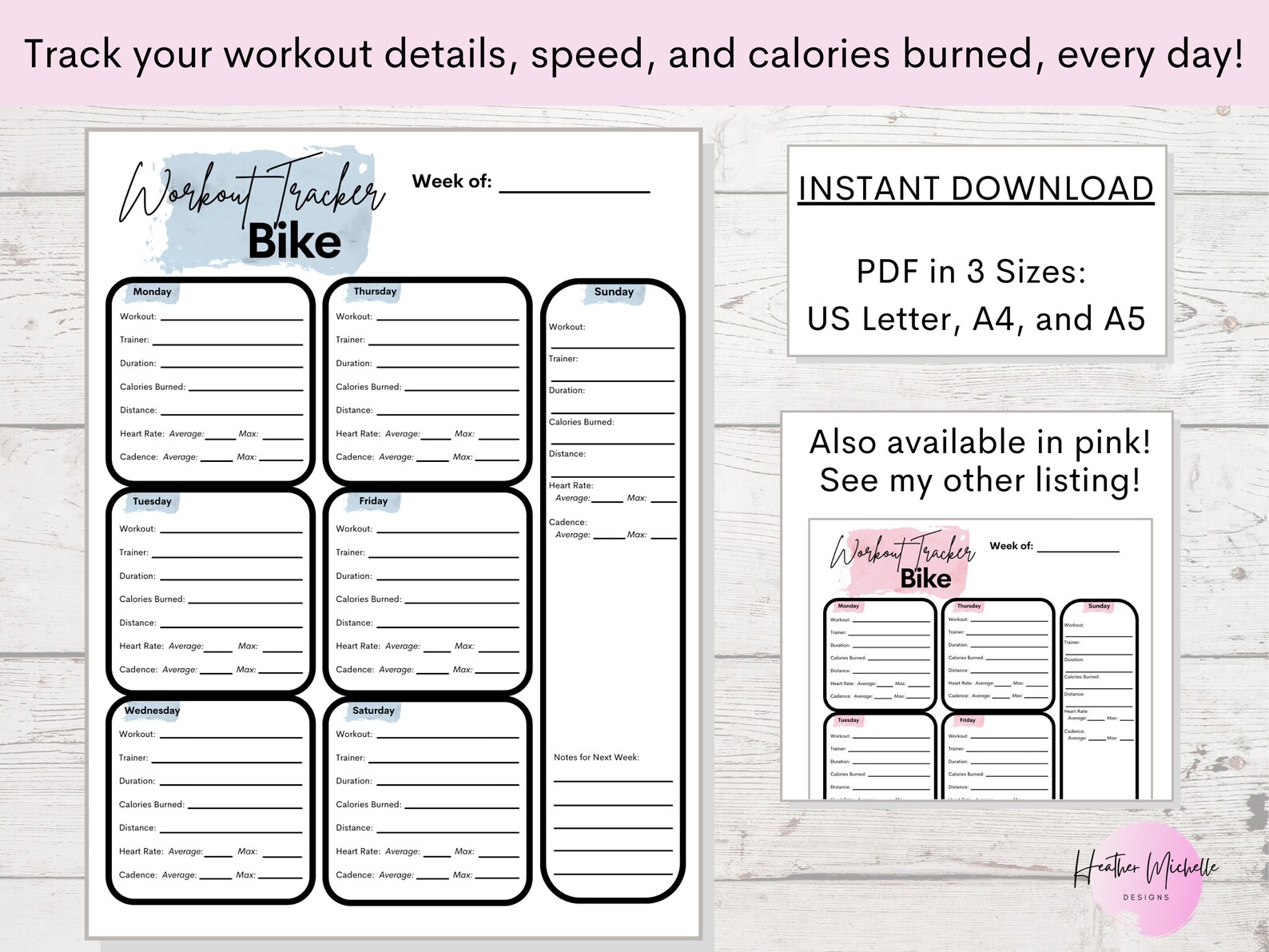 Weekly Bike Workout Tracker | Printable PDF in Blue | Available in US ...
