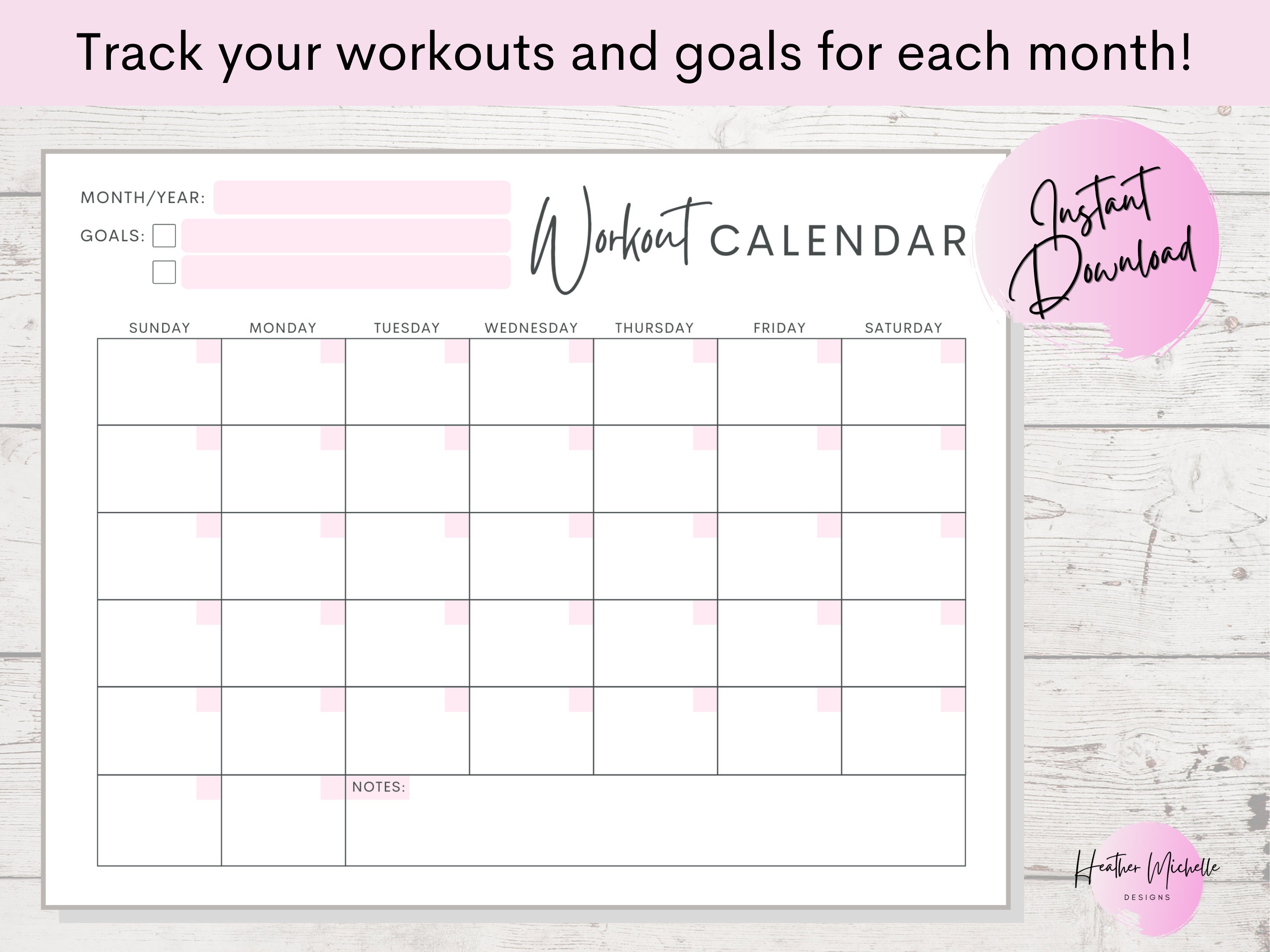 Monthly Workout Calendar | Fitness Planner | Pink, Blue, and Gray ...