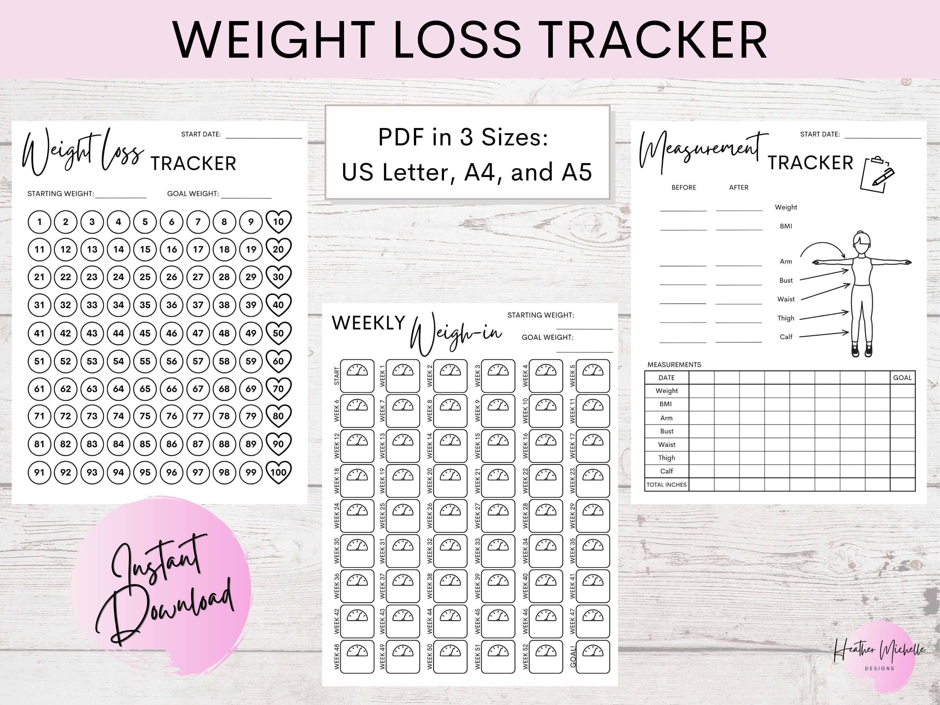 Weight Loss Tracker Bundle Body Measurement Printable PDF Available in ...