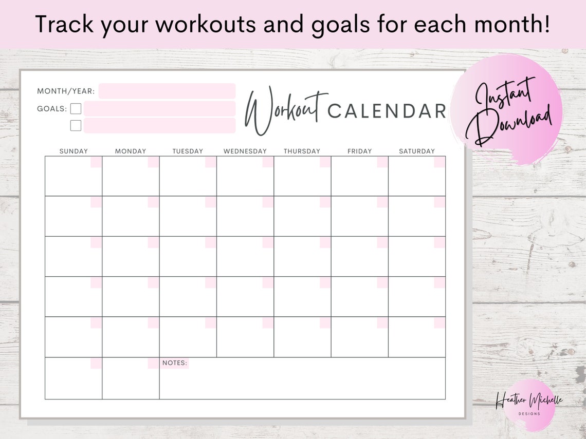 Monthly Workout Calendar Fitness Planner Blue, Pink, and Gray printable ...