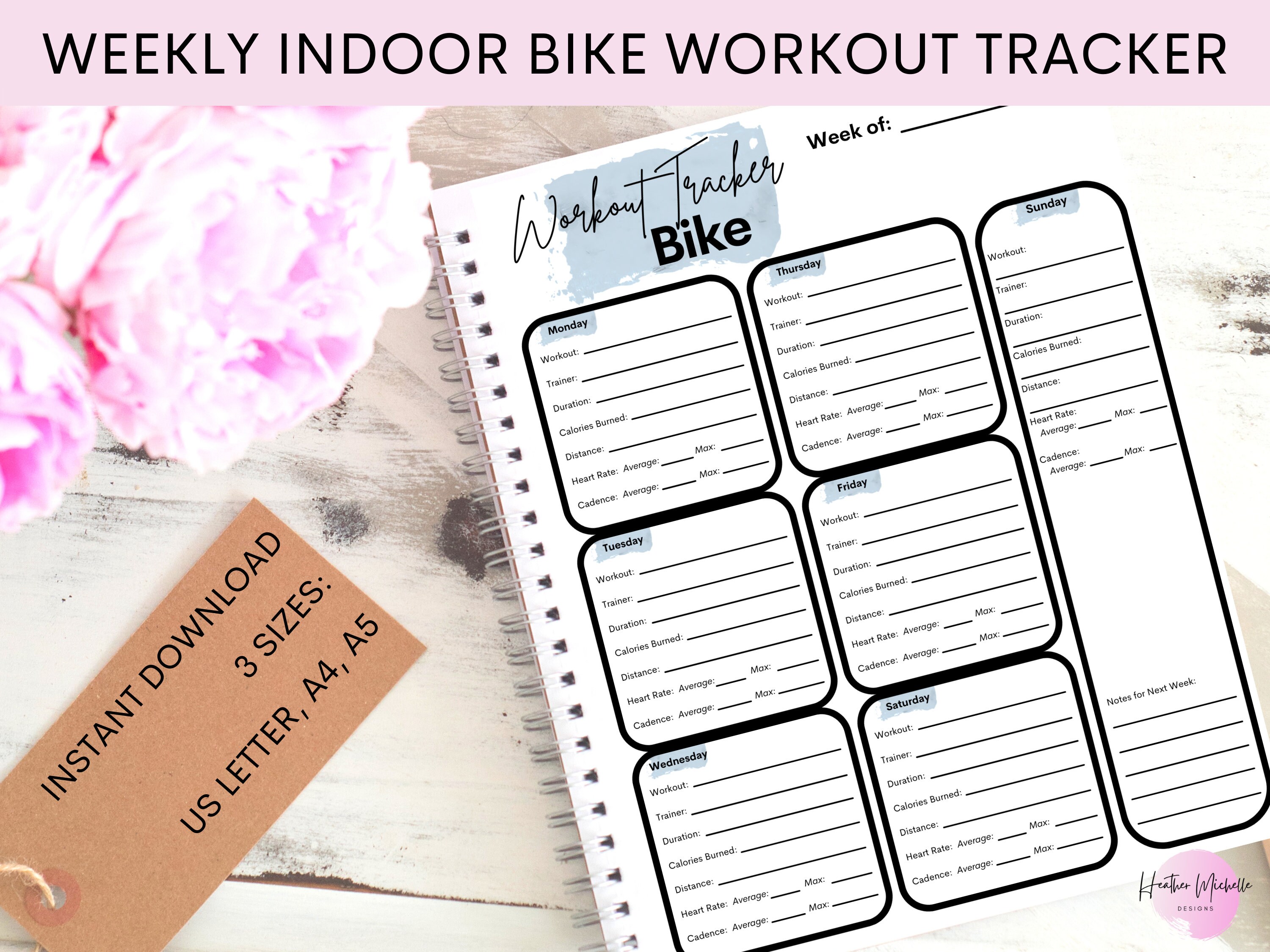 Weekly Bike Workout Tracker | Printable PDF in Blue | Available in US ...