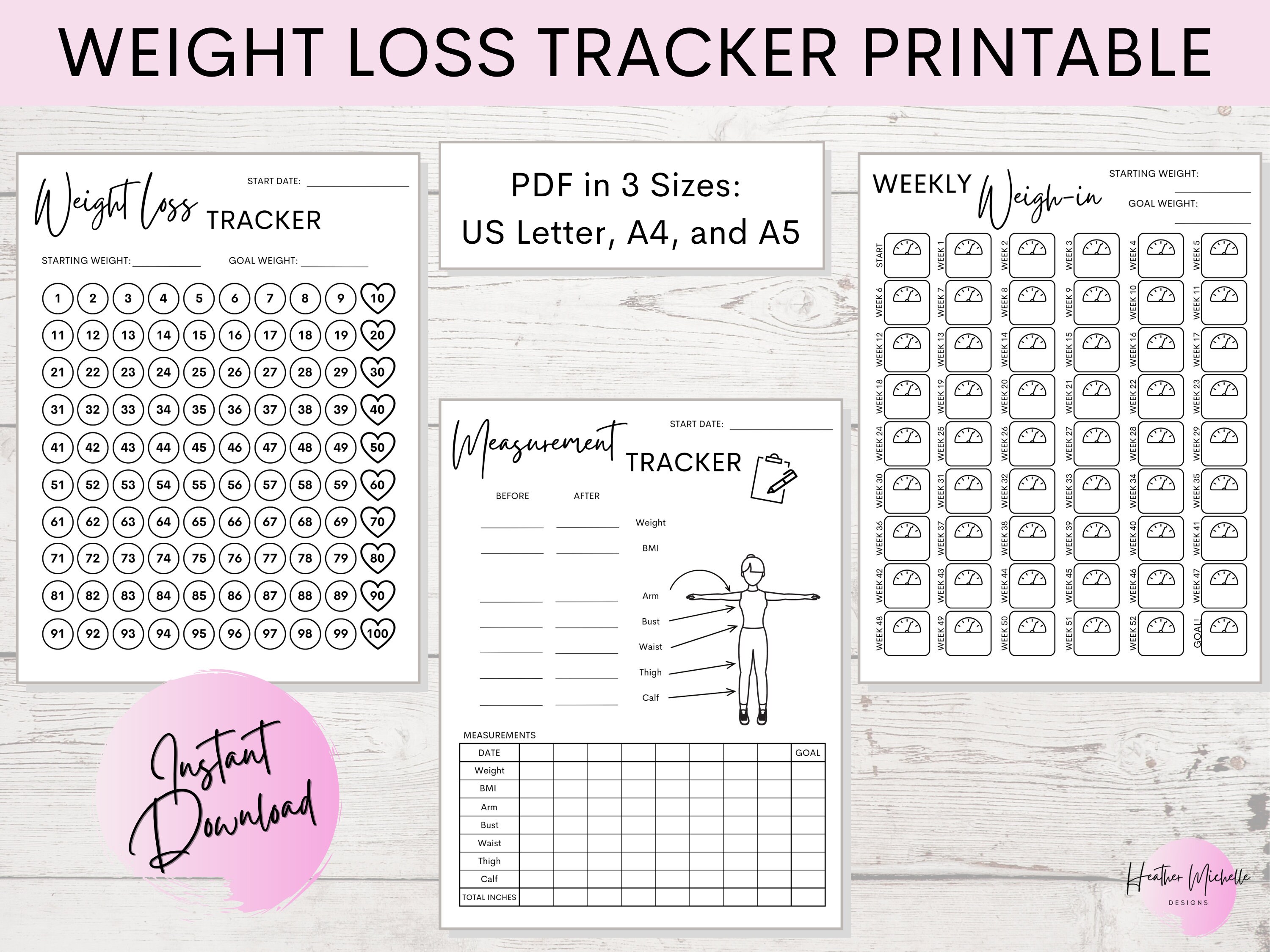 Weight Loss Tracker Printable | Body Measurement | Weekly Weigh in ...