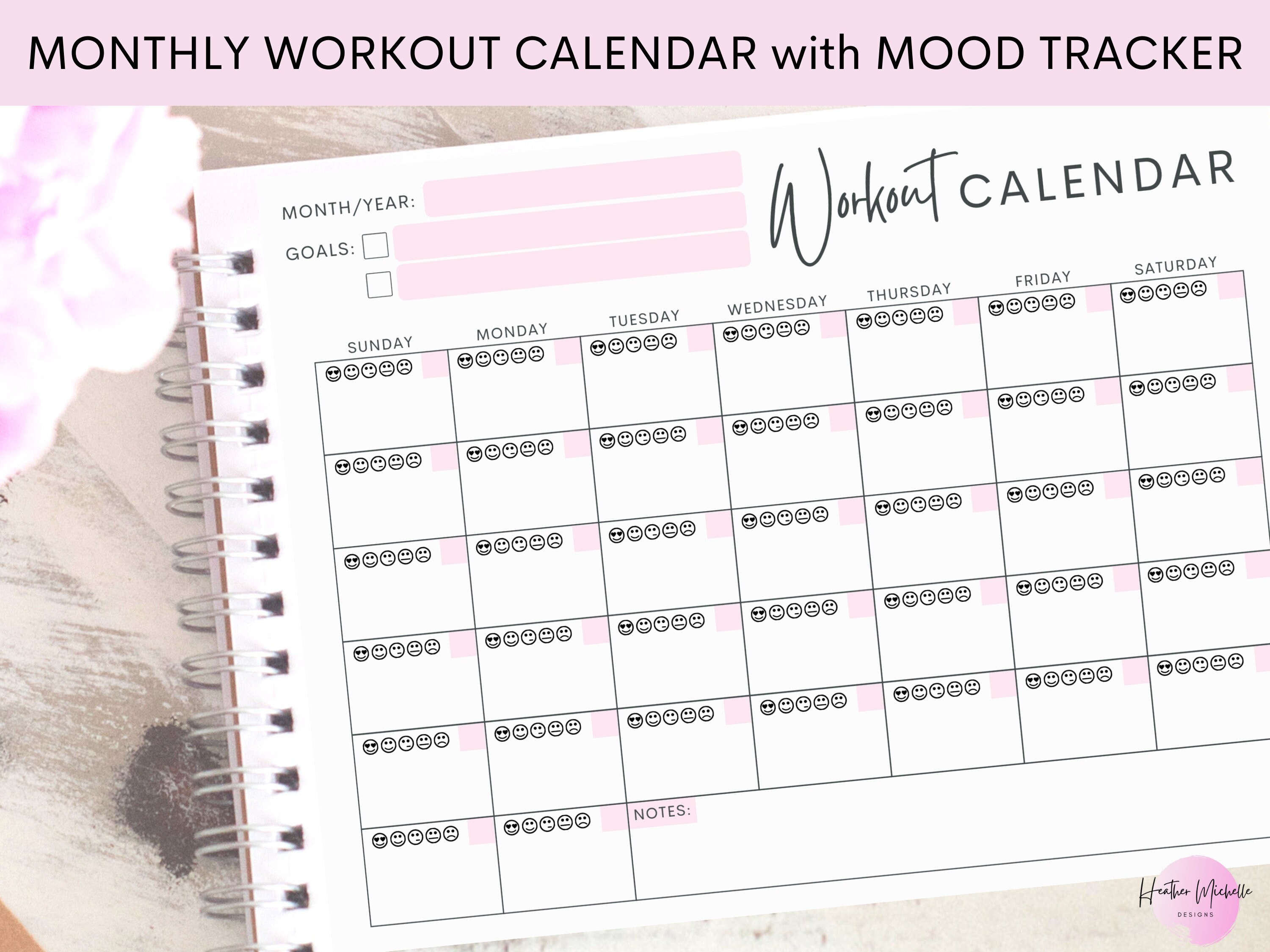 Monthly Workout Planner With Mood Tracker | Fitness Tracker | Printable ...