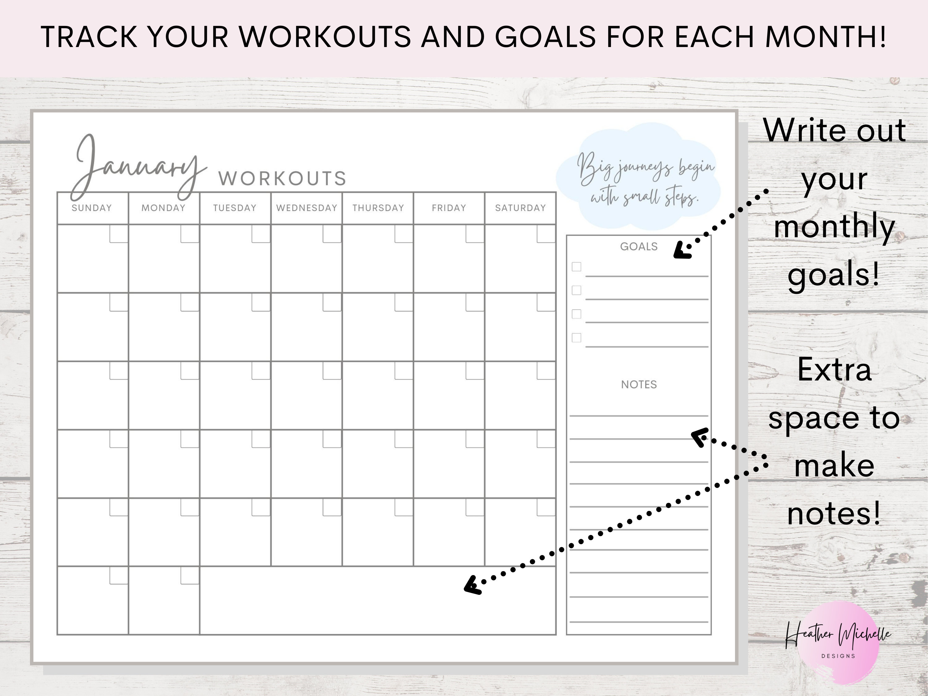 Monthly Workout Planner Fitness Tracker Perpetual Calendar Motivational ...