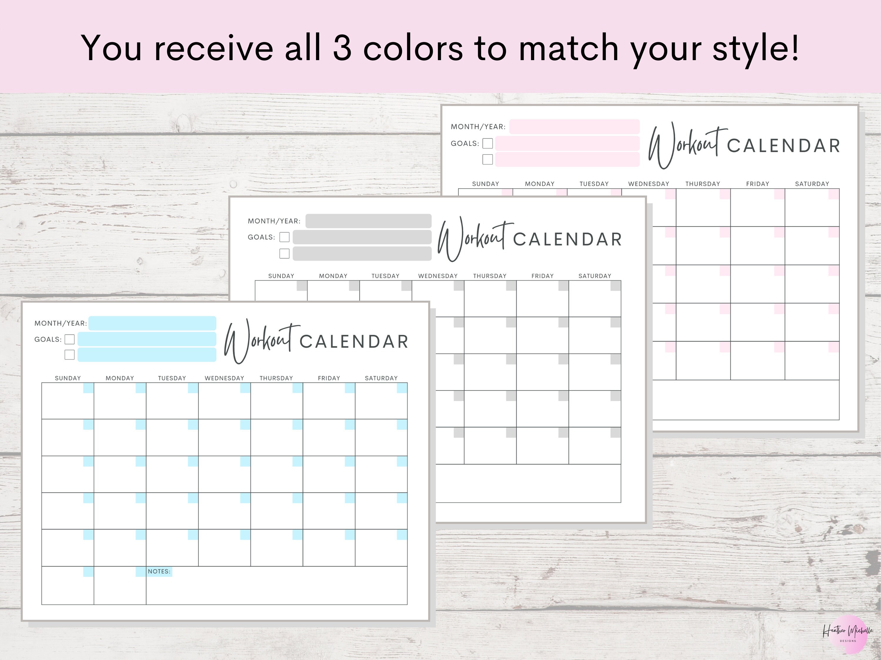 Monthly Workout Calendar | Fitness Planner | Pink, Blue, and Gray ...