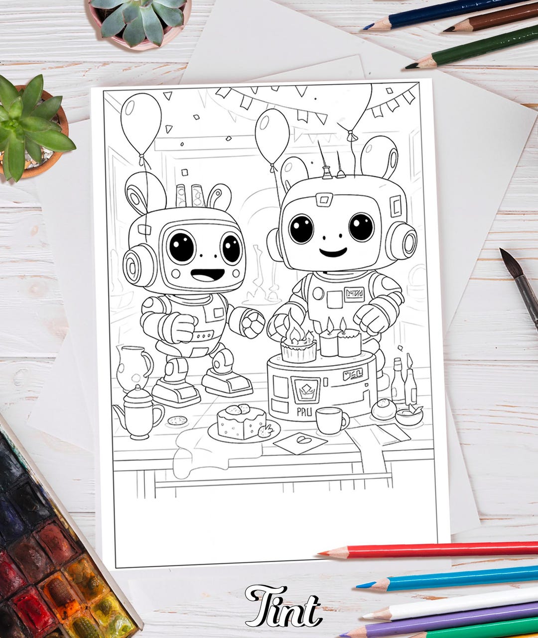 Robot Birthday Coloring Page – Cute Printable Robot Party for Kids, A4 ...