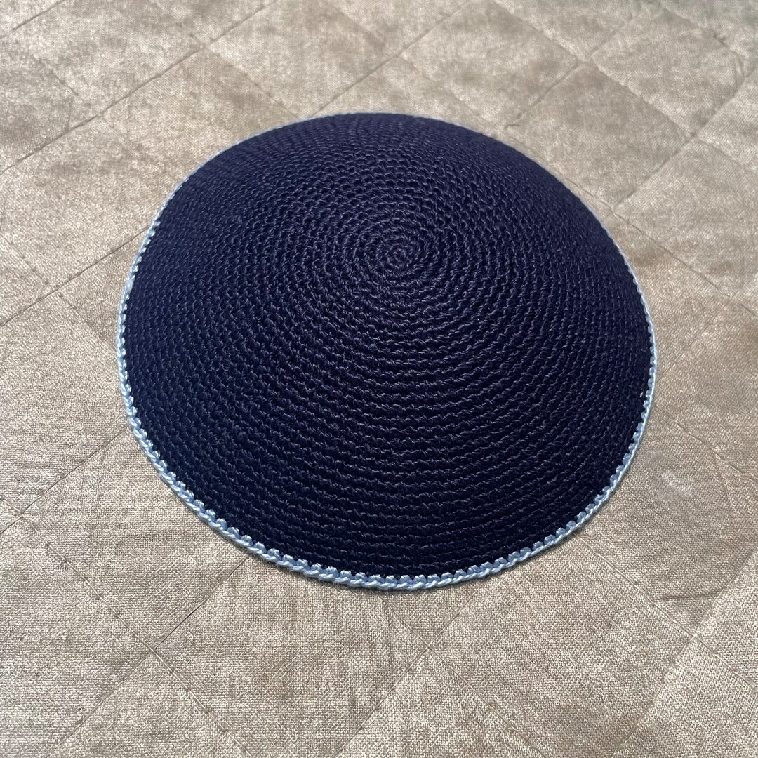 Fine Crochet Navy Blue Kippah With Light Blue Stripe | Various Sizes ...