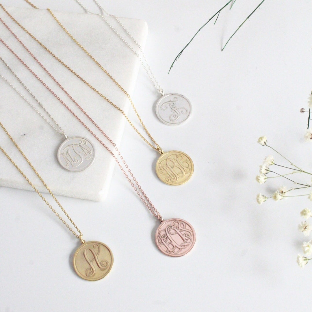 Disc Monogram Necklace-gold Monogram Necklace--initial Disc Necklace ...
