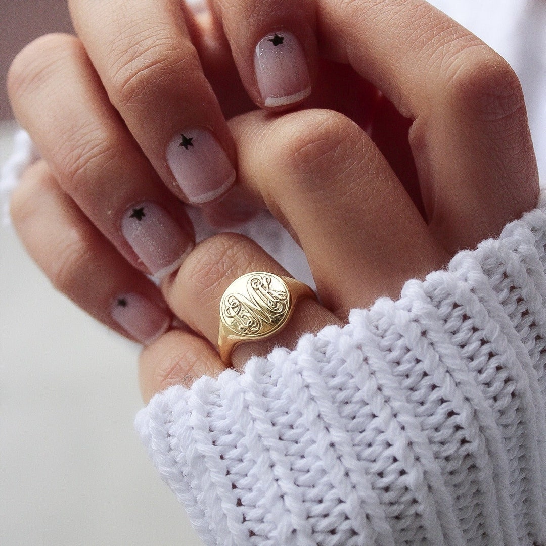 14K Solid Gold Signet Ring -real Gold Monogram Ring-monogram Ring-signet Ring-personalized ...