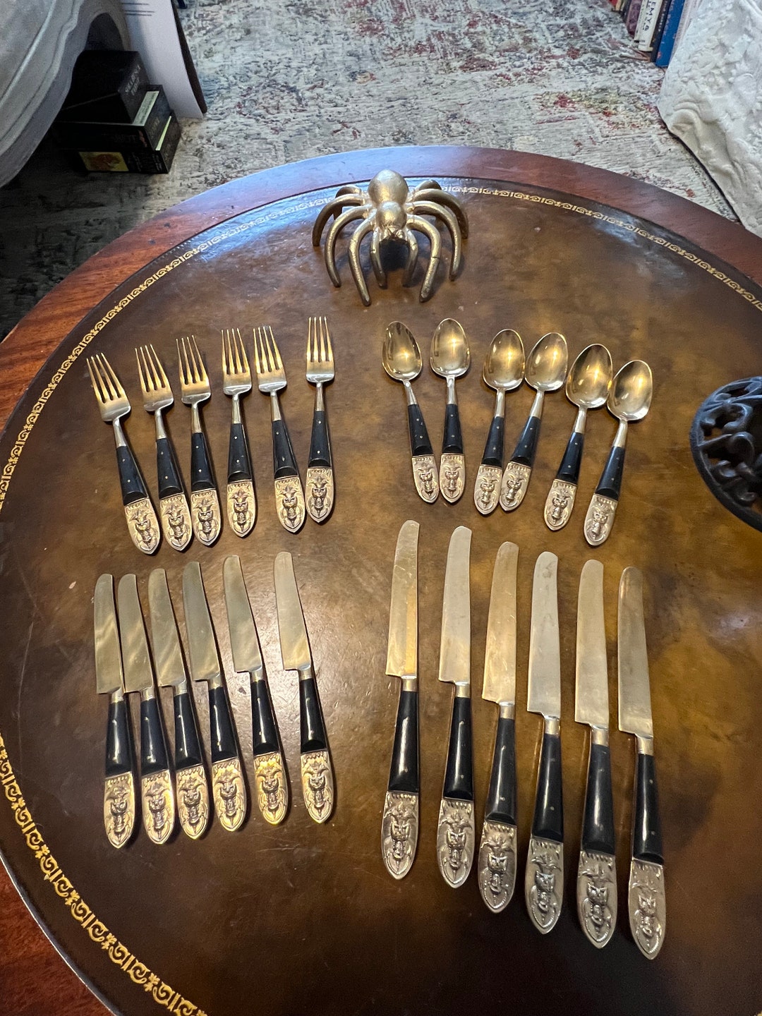 VINTAGE RARE Siam Thailand Buddha Set 24 Dark Rosewood & Brass Dining ...