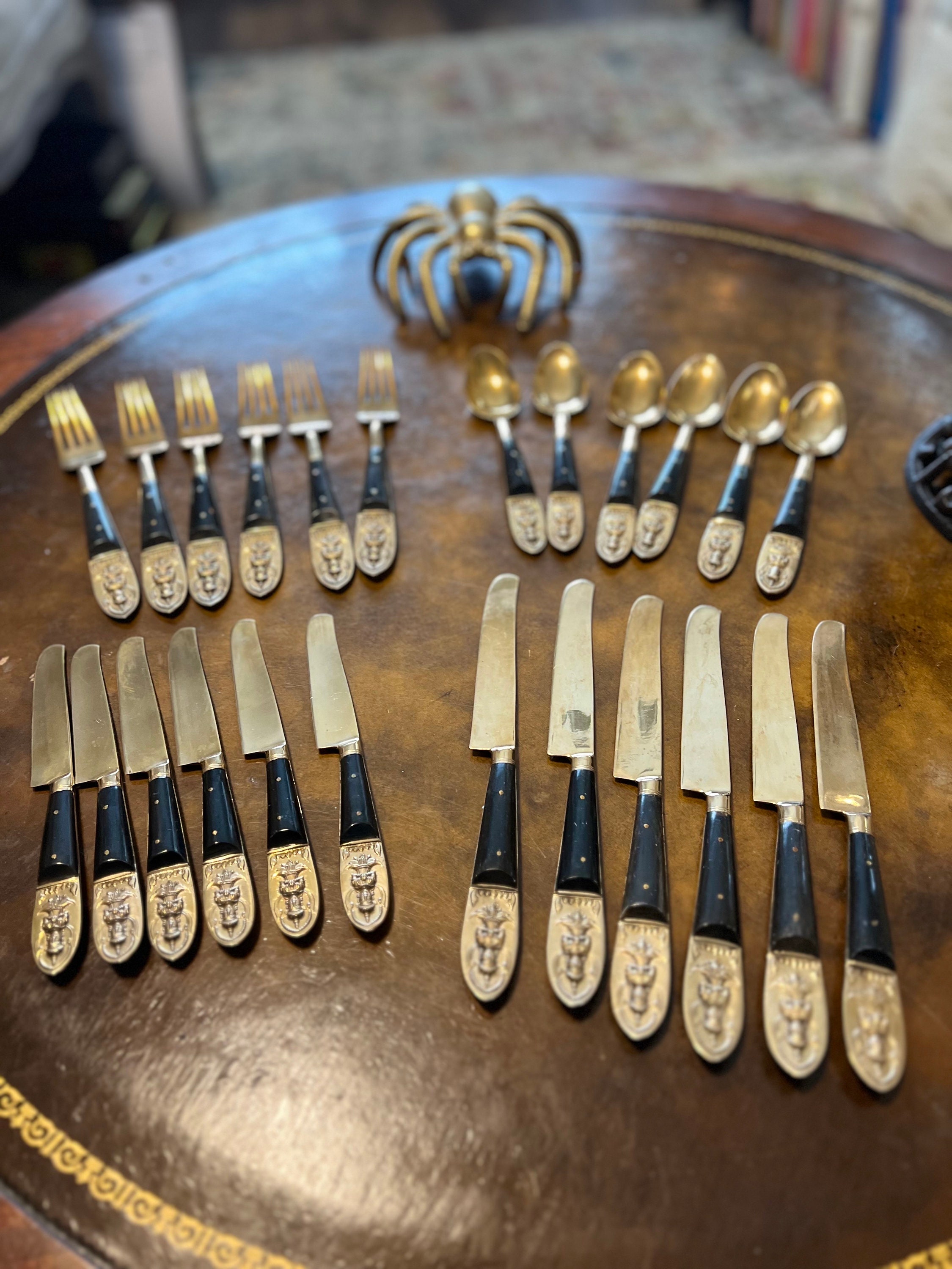 VINTAGE RARE Siam Thailand Buddha Set 24 Dark Rosewood & Brass Dining ...