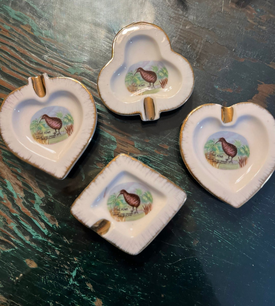Vintage 1950s Porcelain Kiwi Bird Ashtrays - Gold Gilt Card Suits, Set ...