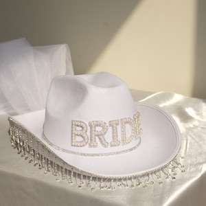 Personalized Pearl Bride Cowgirl Hat With Veil,rhinestone Fringe Wifey ...
