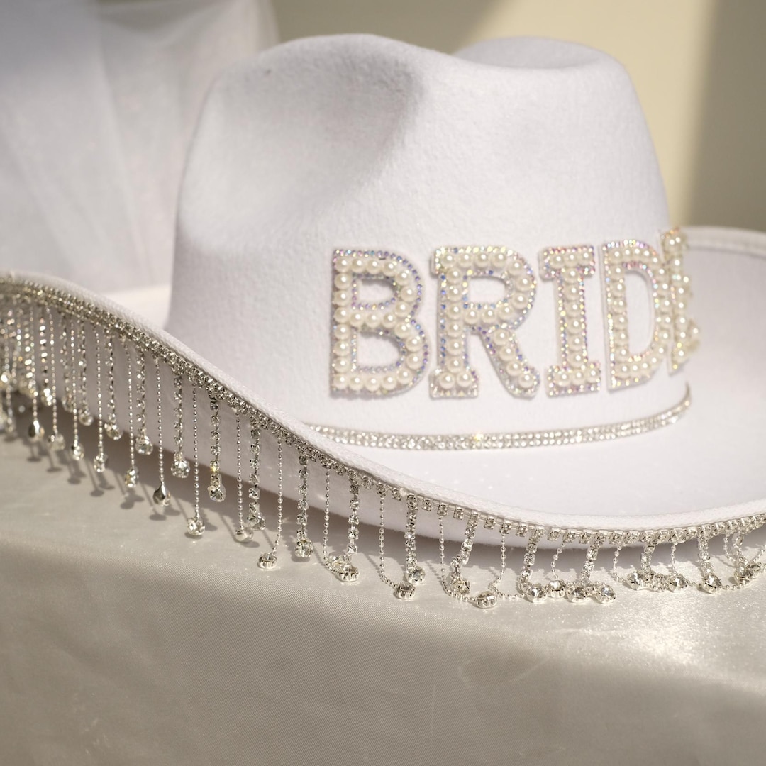 Personalized Pearl Bride Cowgirl Hat With Veil,rhinestone Fringe Wifey ...