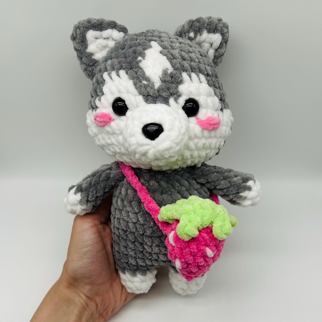 Husky Plushie With Strawberry Bag Handmade Crochet Soft Plushie Puppy ...