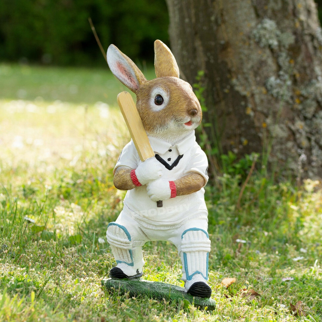 Rabbit Playing Cricket Garden Ornament 32cm Resin Lawn Sculpture Batter ...