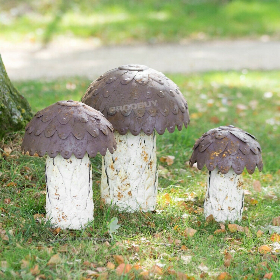 Set of 3 Large Metal Mushrooms Garden Ornaments Sculpture Rustic ...