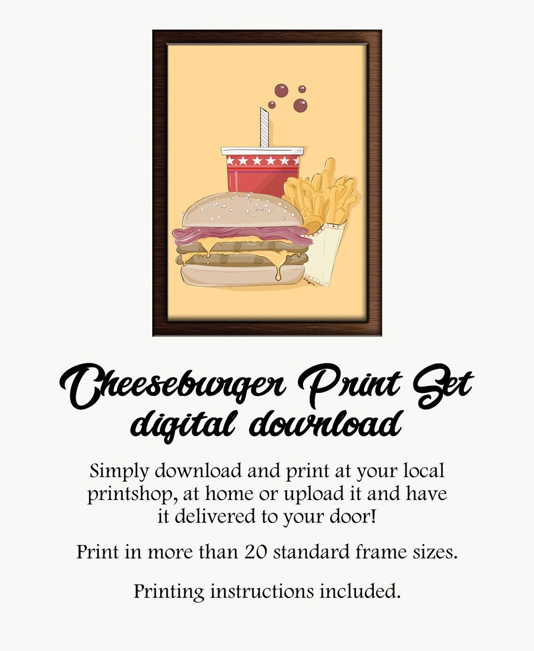 Diner Wall Art, Double Cheeseburgers With Fries & Coke, Printable Food ...