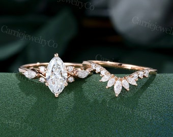 Marquise Cut Moissanite Engagement Ring Set Unique Rose Gold Engagement Ring Marquise Diamond ...