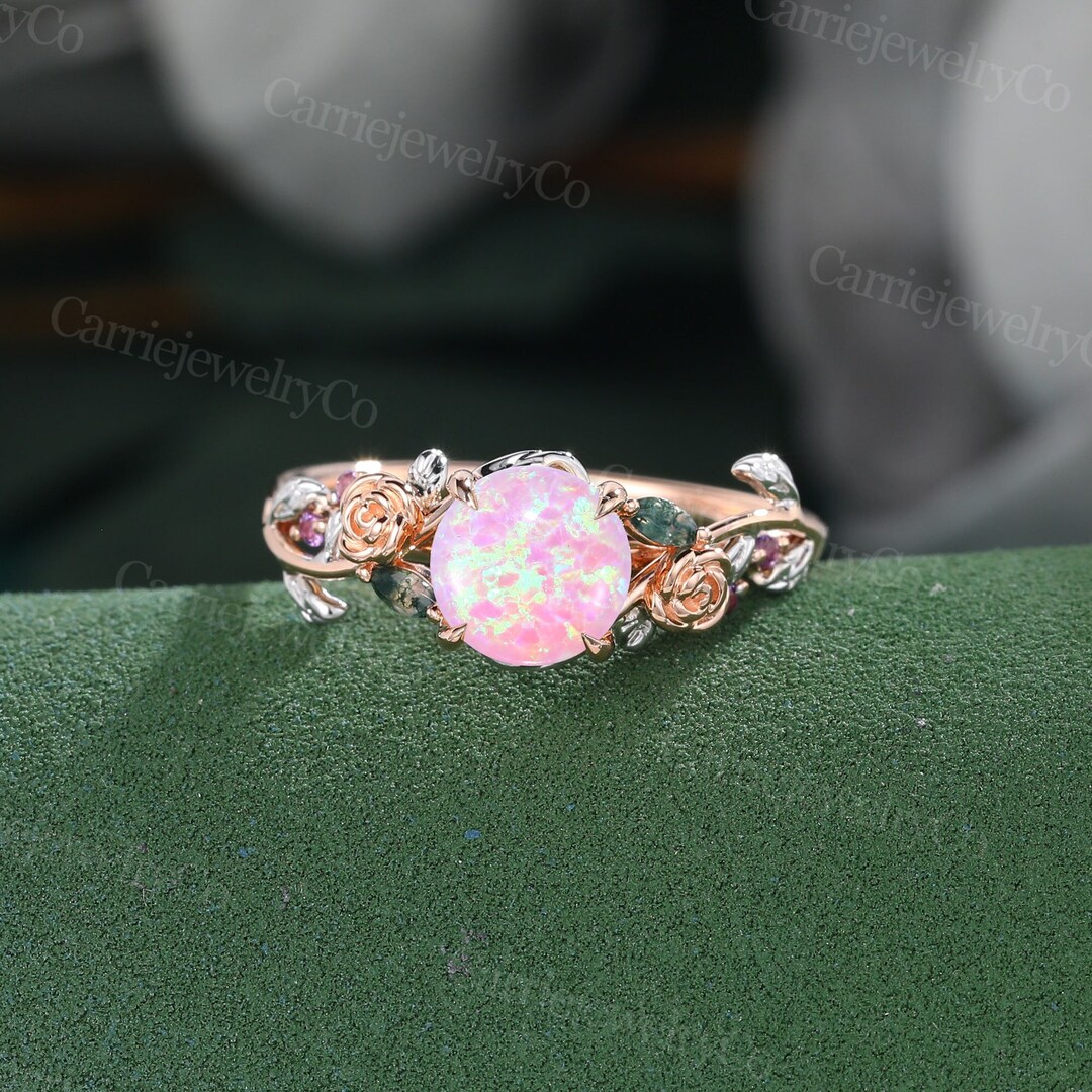 Pink Opal Engagement Ring Vintage Rose Gold Cluster Marquise Moss Agate ...