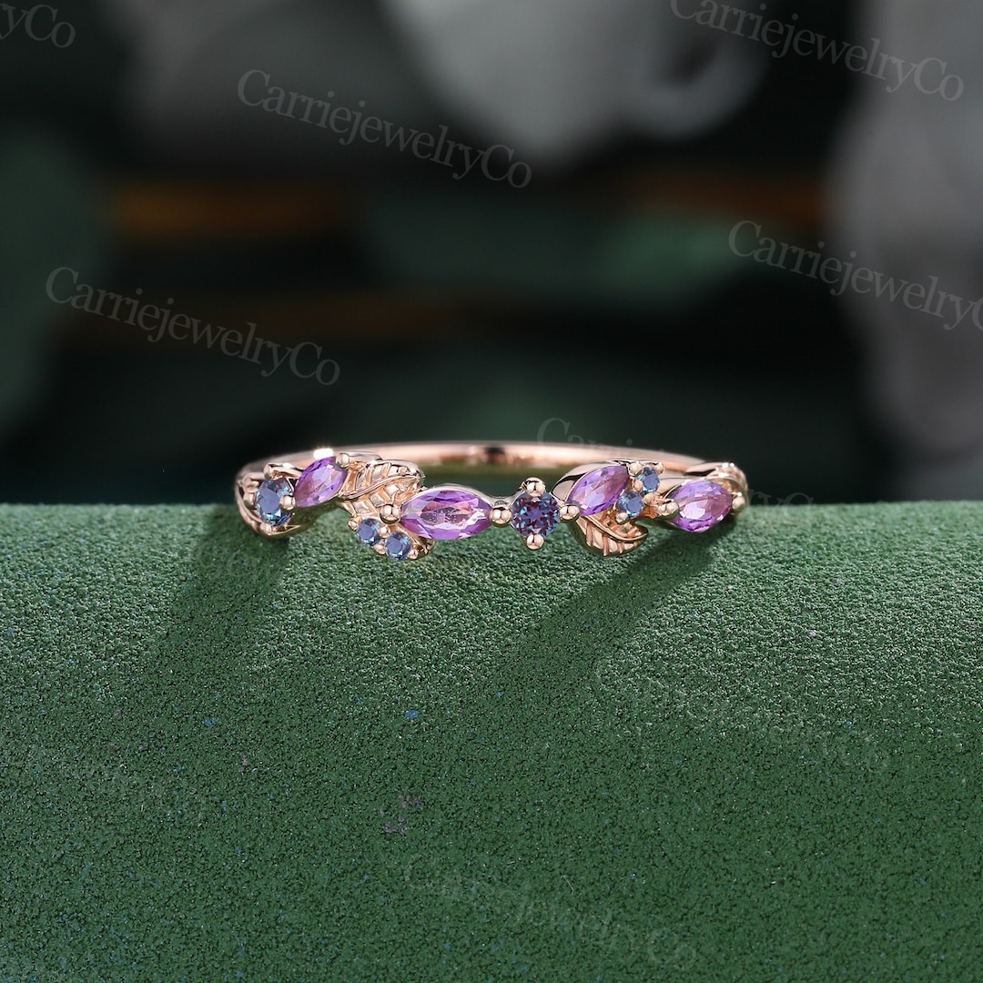 Marquise Cut Amethyst Wedding Band Solid Rose Gold Marriage Ring Unique Alexandrite Ring Dainty ...