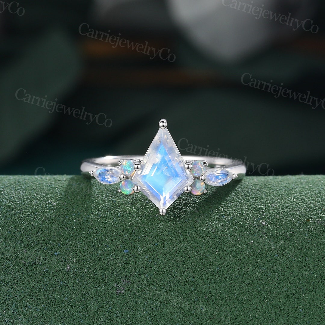 Kite Cut Moonstone Engagement Ring Unique White Gold Marquise Moonstone ...
