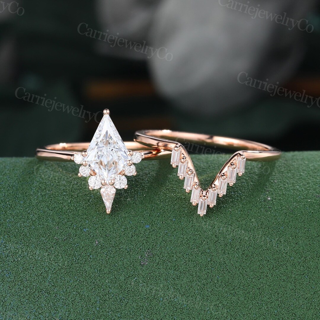 1 CT Kite Cut Lab Diamond Engagement Ring Set Rose Gold Marriage Ring ...