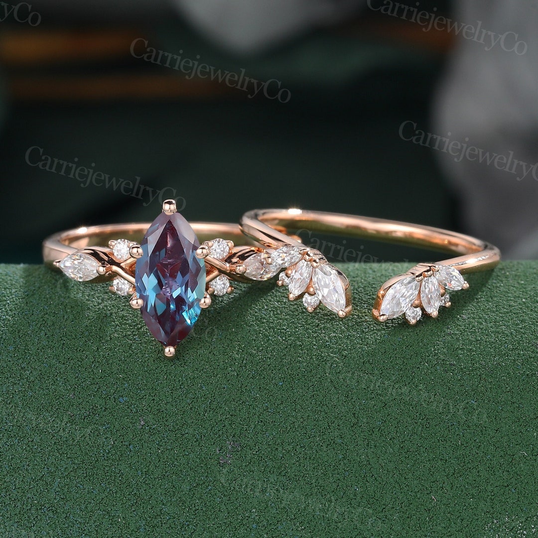Marquise Cut Alexandrite Engagement Ring Set Vintage Unique Rose Gold ...