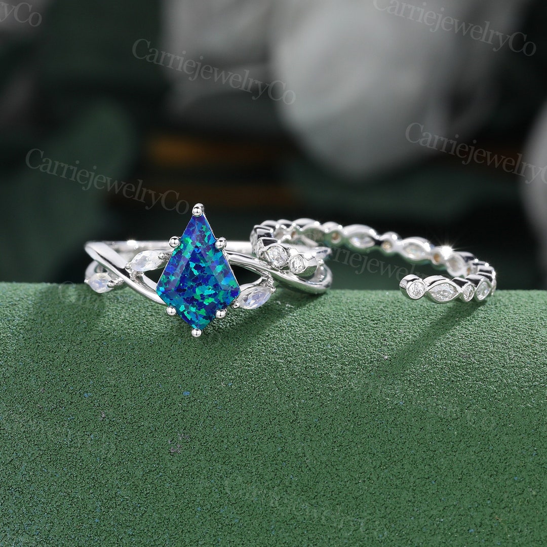 Kite Cut Dark Blue Opal Engagement Ring Set Silver White Gold - Etsy