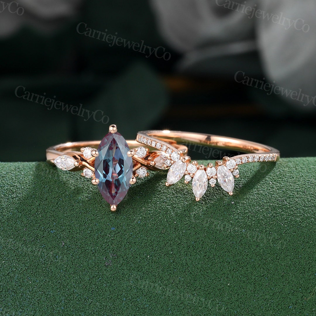 Marquise Cut Alexandrite Engagement Ring Set Unique Rose Gold Bridal ...