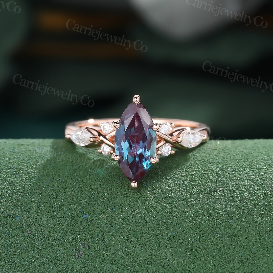 Marquise Cut Alexandrite Solid Rose Gold Marriage Ring Cluster Marquise ...