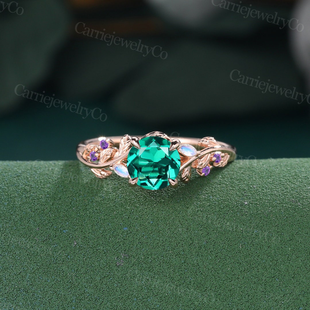 Unique Emerald Engagement Ring Vintage Rose Gold Cluster Marquise ...