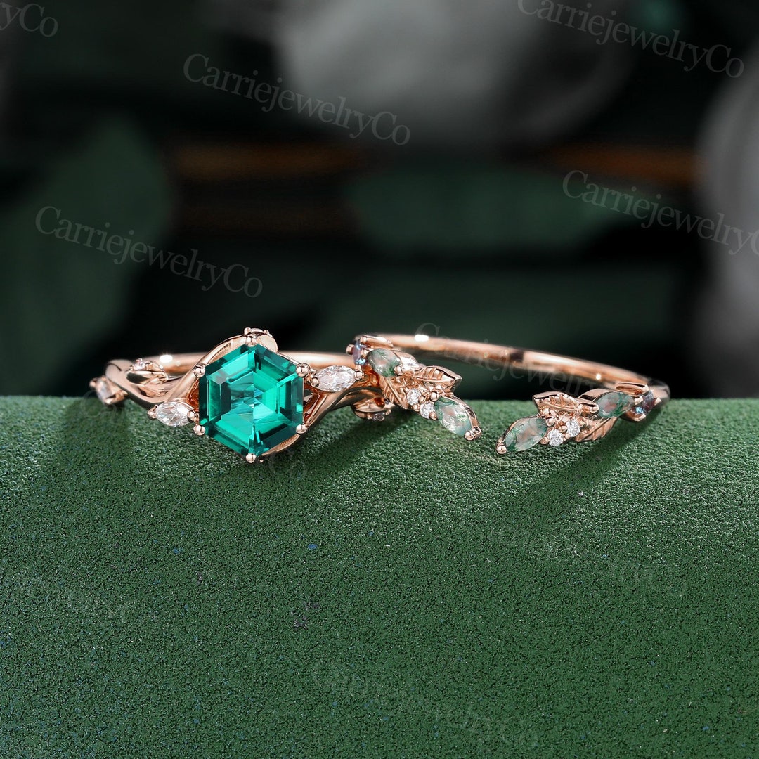 Hexagon Cut Emerald Engagement Ring Set Unique Rose Gold Ring Set ...
