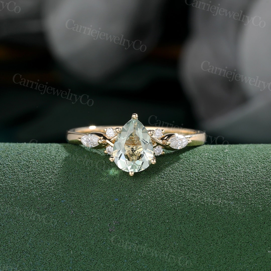 Pear Shaped Green Amethyst Engagement Ring Solid Yellow Gold Marriage ...