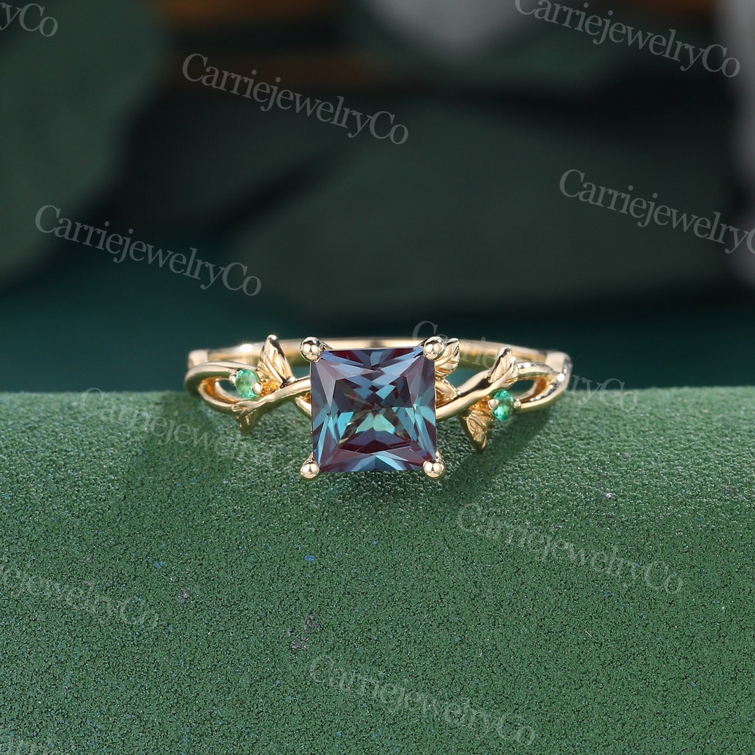 Princess Cut Alexandrite Engagement Ring Twist Twig Leaf Wedding Ring ...