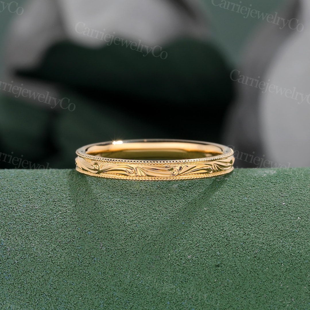 Vintage Filigree 18k Yellow Gold Wedding Band Milgrain Ring Solid Gold ...