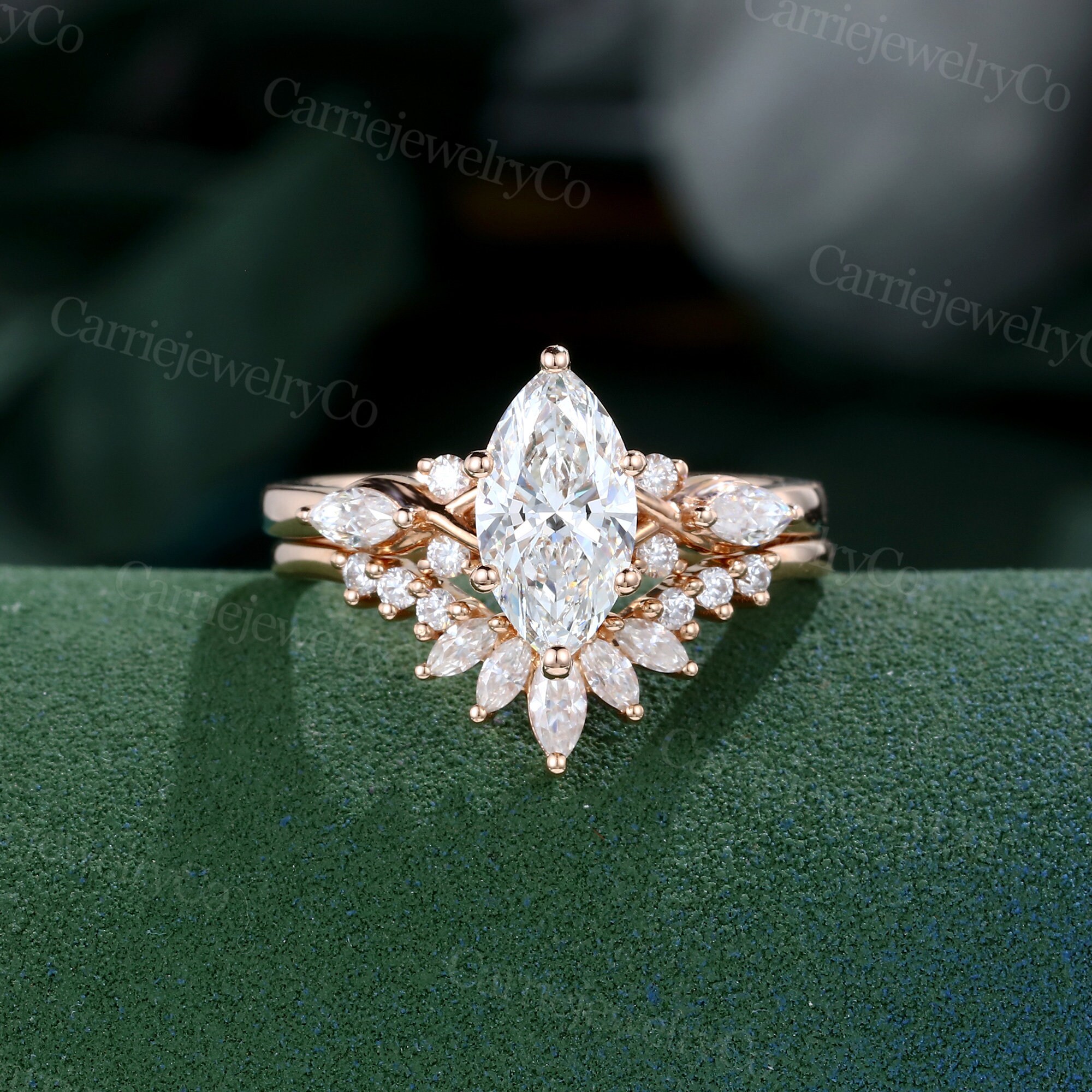 Marquise Cut Moissanite Engagement Ring Set Unique Rose Gold Ring Set ...
