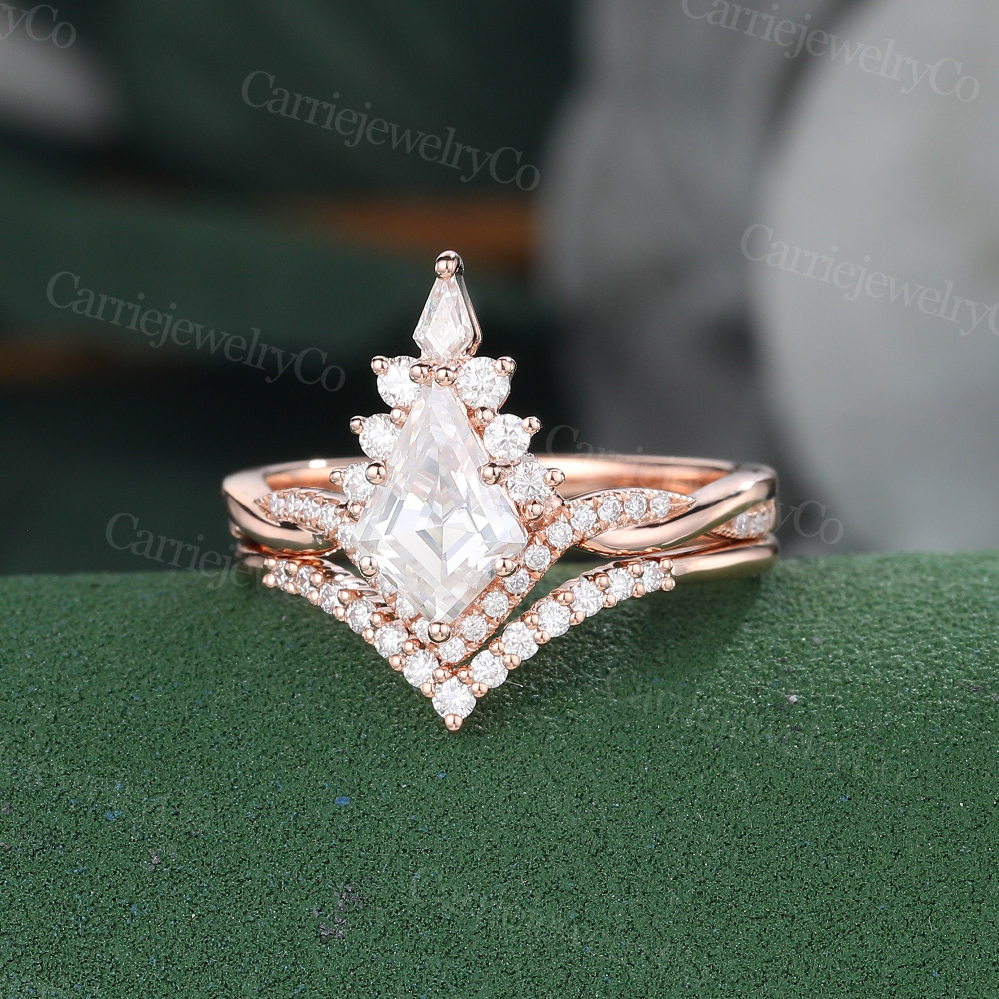 Kite Cut Moissanite Engagement Ring Set Solid Rose Gold Wedding Ring ...