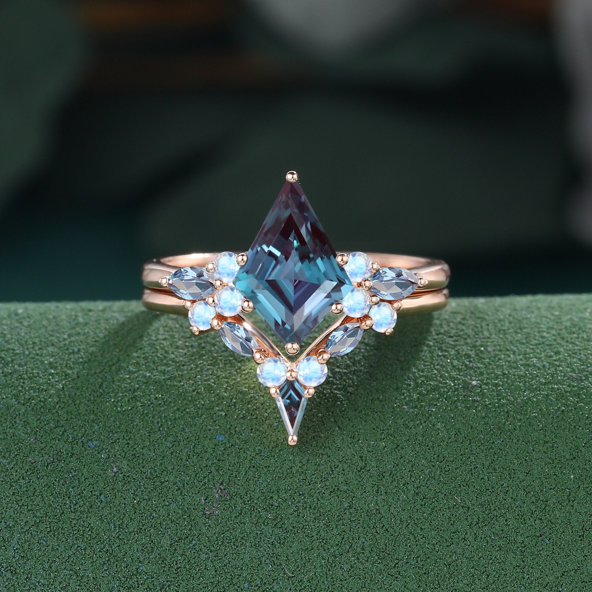 Kite Cut Alexandrite Engagement Ring Set Unique Rose Gold Kite - Etsy ...