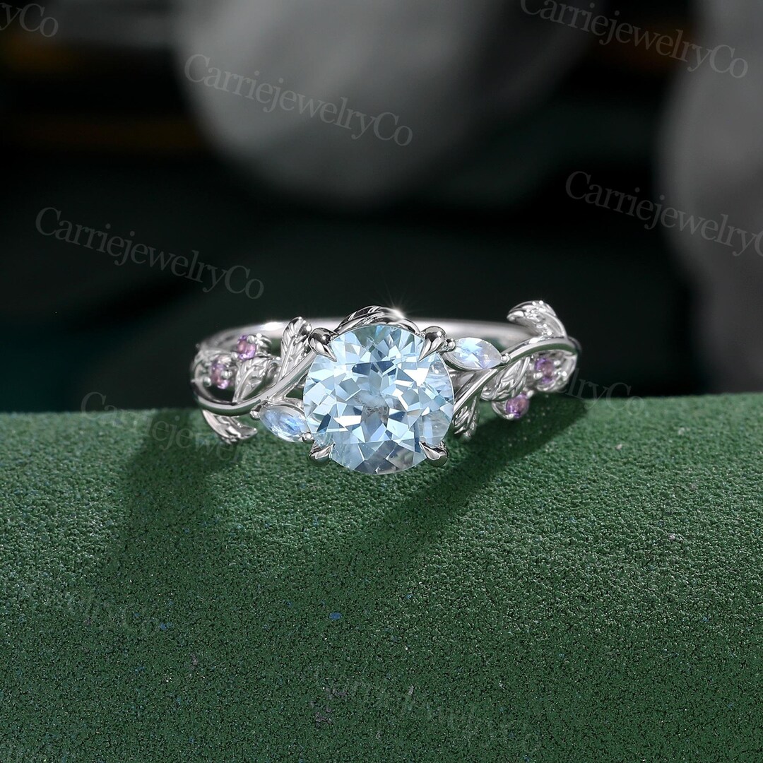 Round Cut Aquamarine Engagement Ring Vintage White Gold Ring Cluster ...