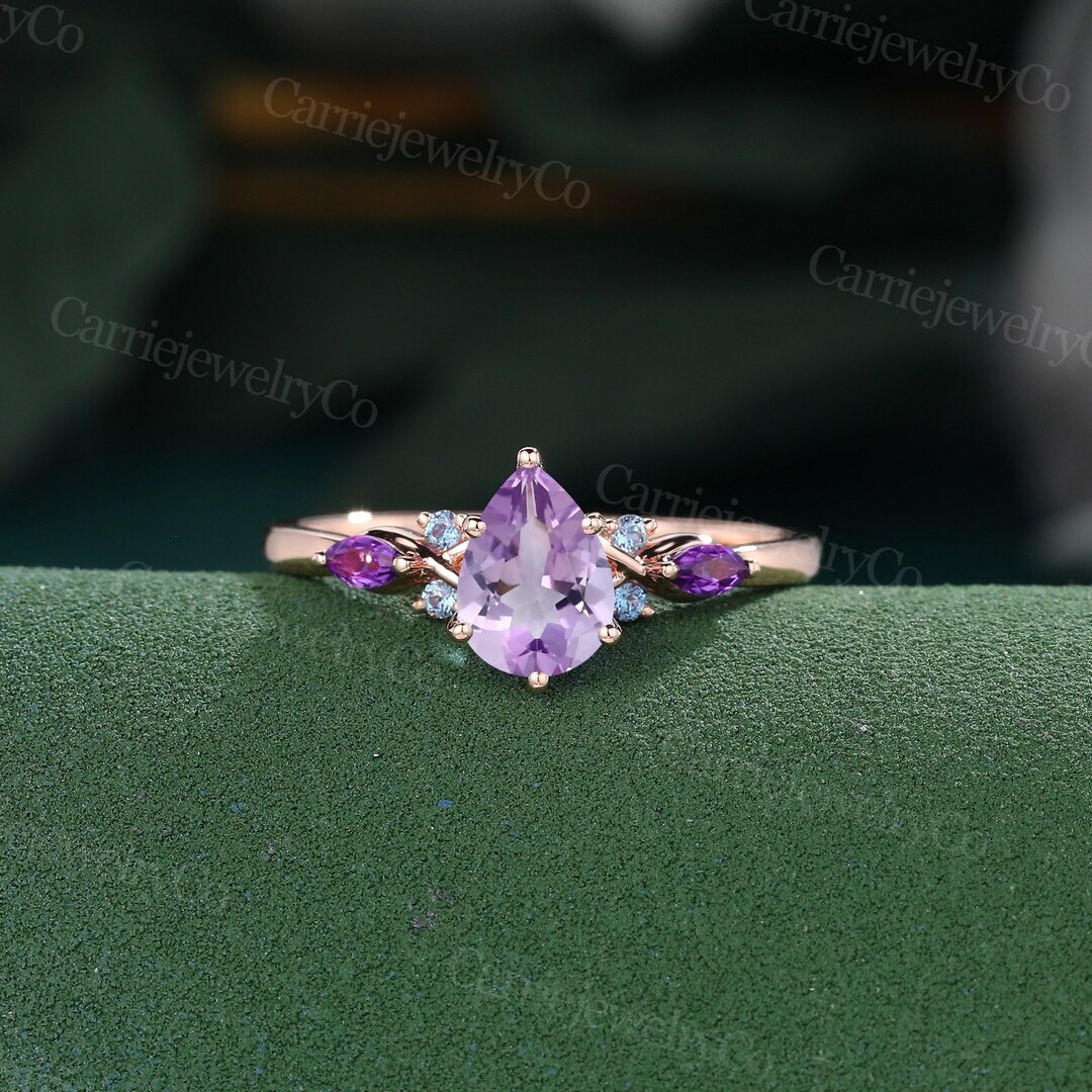 Pear Shaped Amethyst Engagement Ring Cluster Amethyst Alexandrite Ring ...
