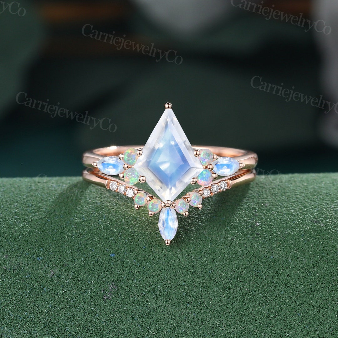 Kite Cut Moonstone Engagement Ring Unique Rose Gold Ring Moissanite ...