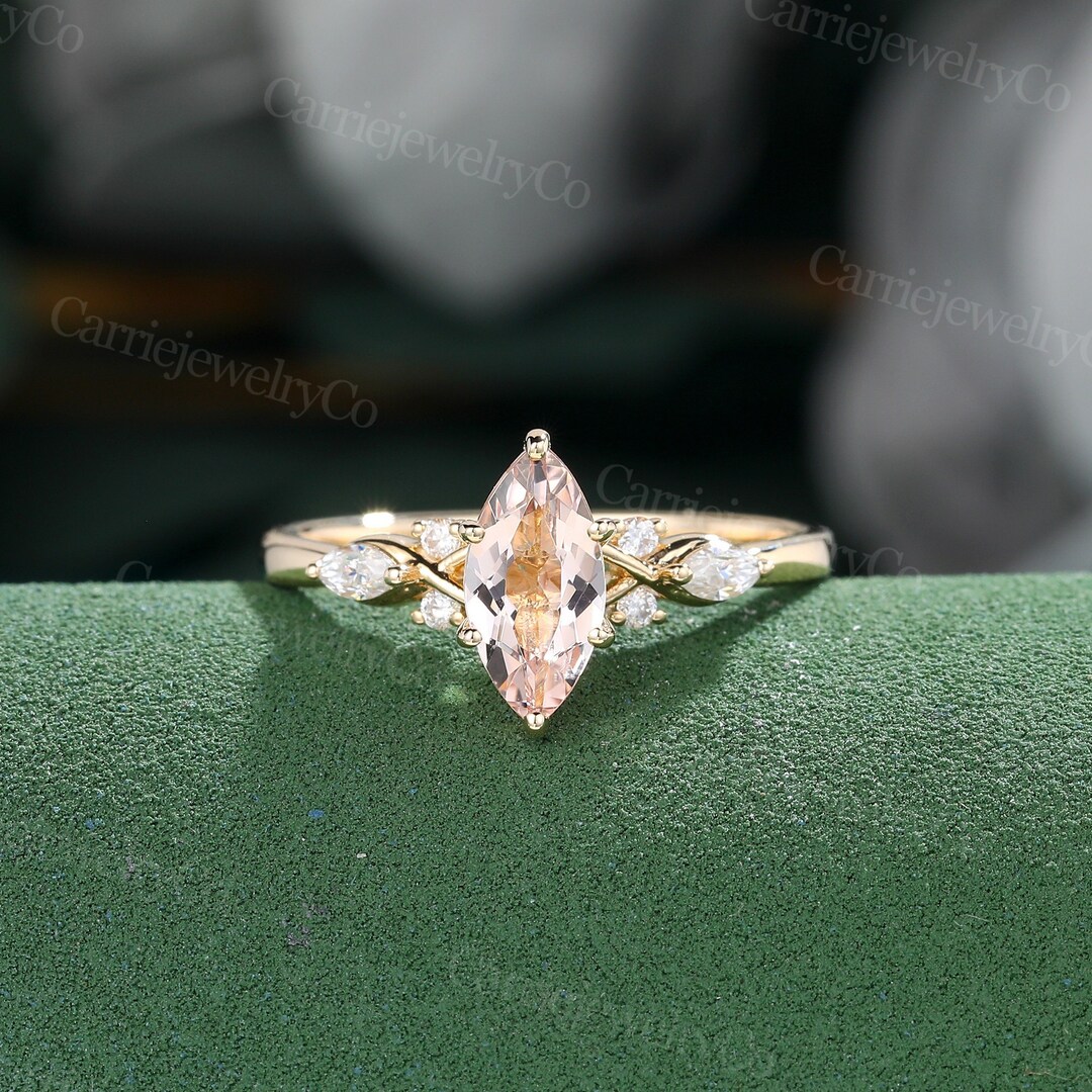Marquise Cut Morganite Engagement Ring Solid Yellow Gold Ring Marquise ...