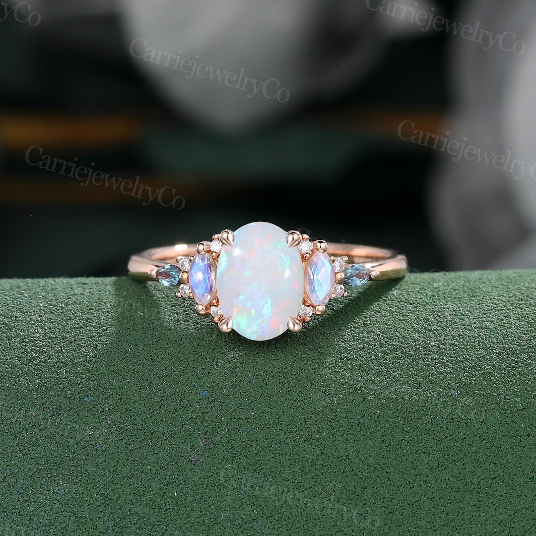 Oval Natural Opal Engagement Ring Solid Rose Gold Engagement Ring Marquise Alexandrite Moonstone ...